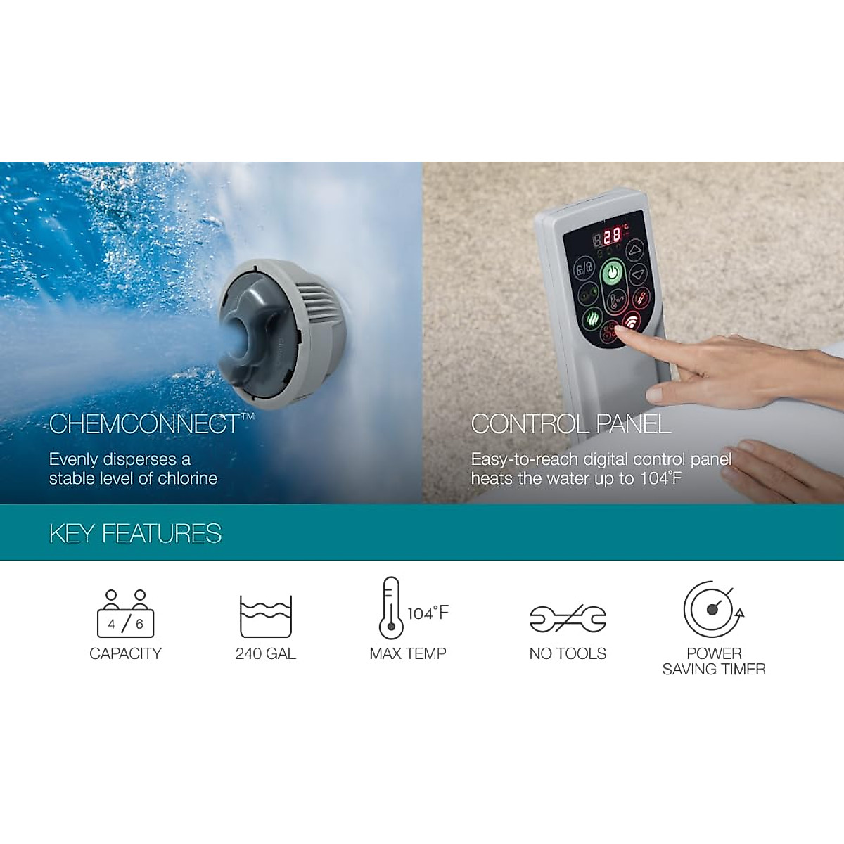 Bestway SaluSpa San Diego UltraFit EnergySense Inflatable Hot Tub Spa (77" x 26") | Portable Hot Tub with Energy-Efficient Cover and Built-in Pump | Fits Up to 4-6 Persons | Brown Wood