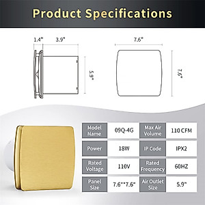 Zeyzer Gold Bathroom Exhaust Fan 110 CFM 1.0 Sone 5.9" Duct Modern Square Ceiling or Wall Mount Ventilation AC Vent Fan for Bathroom/Corridor/Office/Laundry Room/Shop