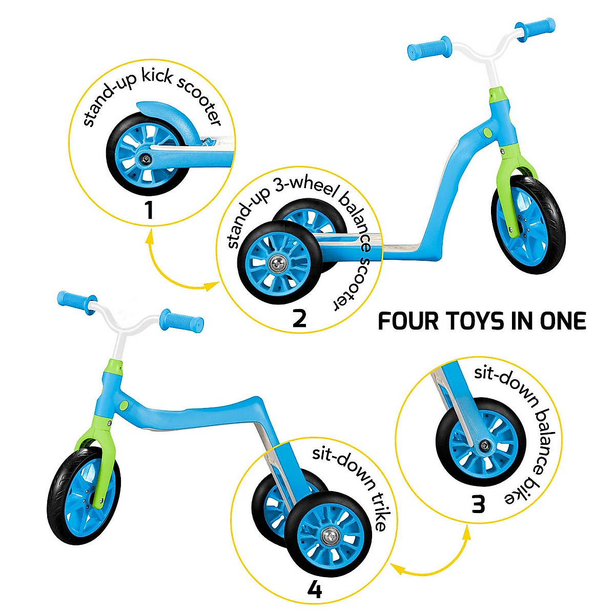 Swagtron K6 Toddler Scooter, Convertible 4-in-1 Ride-On Balance Trike & Training Bike for 3-5 Year Olds — ASTM F963 Certified (Blue)