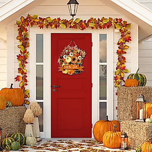 Tradder Thanksgiving Floral Welcome Sign for Front Door Hello Fall Hanging Plaque Farmhouse Sunflower Pumpkin Fall Door Hanger Mason Jar Harvest Autumn Wood Sign for Indoor Outdoor Home Yard