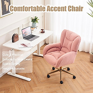 Anewome Swivel Office Desk Chair with Wheels Upholstered Sherpa Desk Modern Armchair Height Adjustable Computer Task Chair Boucle Makeup Vanity Desk with Gold Metal Frame, 38.2" H Pink