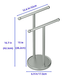 Qflushor 2-Tier Hand Towel Holder Stand with Weighted Base, 16.7" Countertop Towel Holder for Bathroom, Standing Towel Rack Stainless Steel, Double Fingertip Towel Holders, Silver