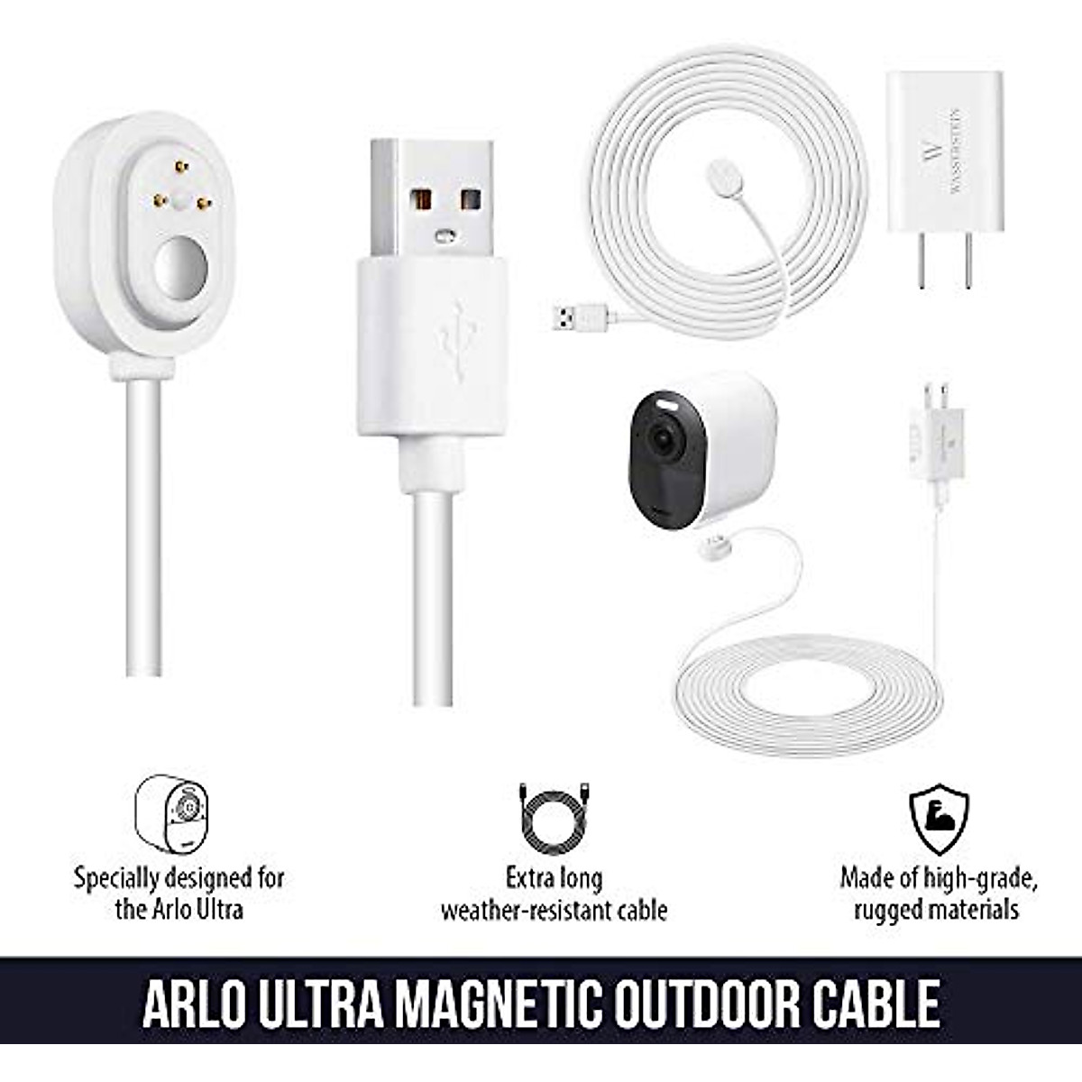 16ft/4.8m Weatherproof Outdoor Charging Cable with Quick Charge Adapter Compatible with Arlo Ultra/Ultra 2/Pro 3/Pro 4 (2 Pack, White) (NOT Compatible with Arlo Essential Spotlight)