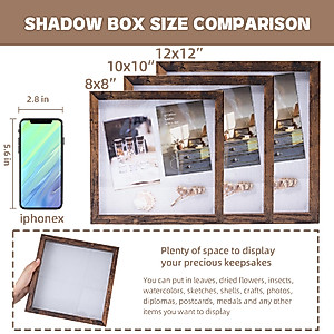 Muzilife 12x12 Shadow Box Picture Frame with Linen Board - Deep Wood & Glass Display Case to Hang Memory Box Baby Sports Memorabilia, Pins, Awards, Medals, Wedding, Tickets and Photos, Rustic Brown