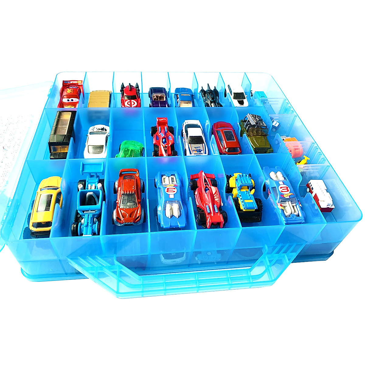 HOME4 Double Sided BPA Free Toy Storage Container - Compatible with Mini Toys Brands, Small Dolls Hot Wheels Tools Crafts - Toy Organizer Carrying Case - 48 Compartments - Cars Not Included (Clear)