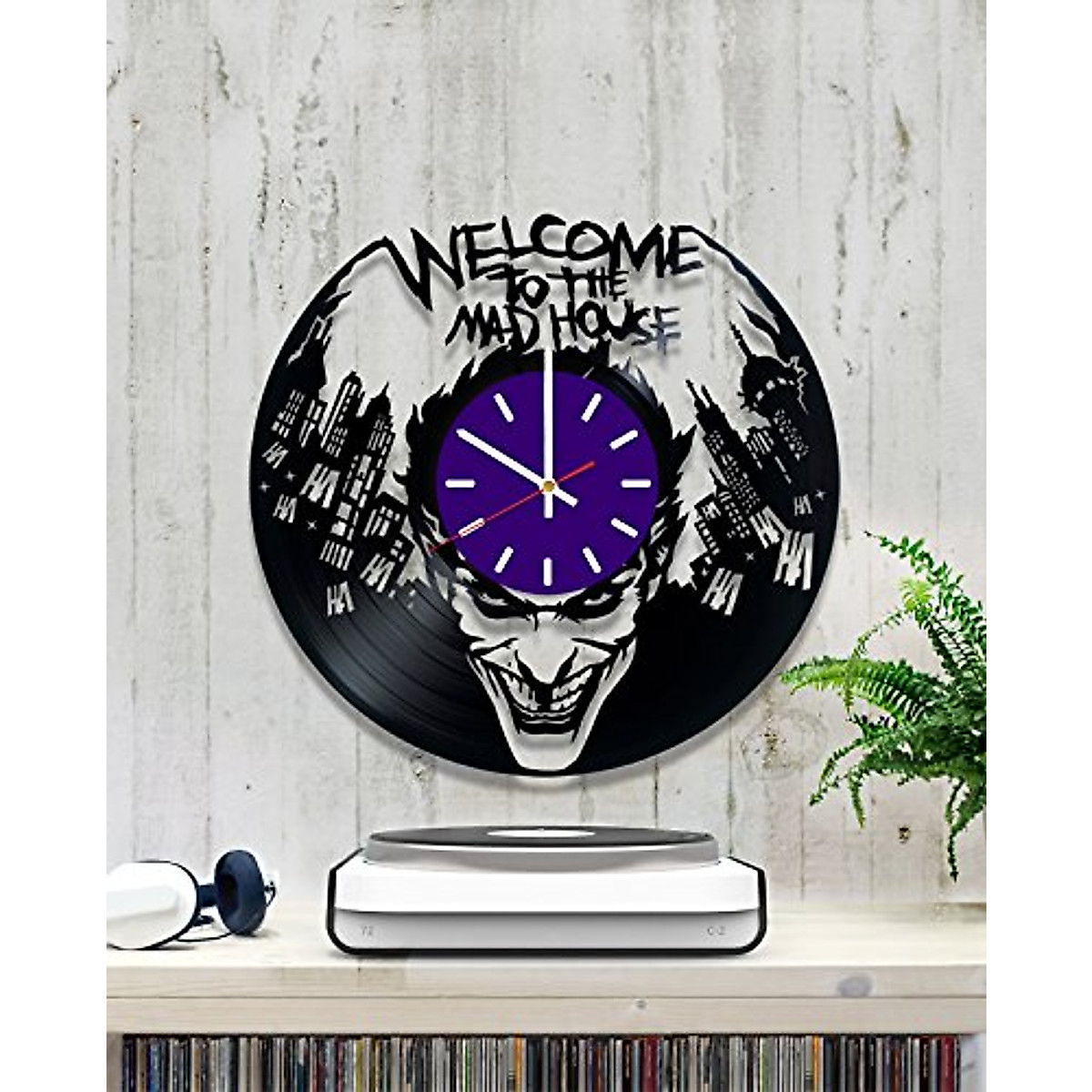 MKG Studio Vinyl Record Wall Clock Joker Joke Welcome to The Mad House Comedian Comic 12 INCHES Decor Home Idea Handmade Gift for Her Him