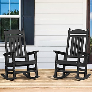Cozyman Outdoor Rocking Chairs Set of 2, All Weather Resistant Porch Rocker Chairs with High Back, 350Lbs Support, HDPS Composite Rocking Chair for Backyard, Patio, Garden, Indoor, Black