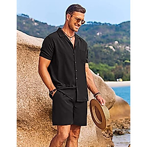 COOFANDY Men's 2 Pieces Shirt Set Short Sleeve Button Down Casual Hippie Holiday Beach T-Shirts Shorts Outfits (Black, Large)