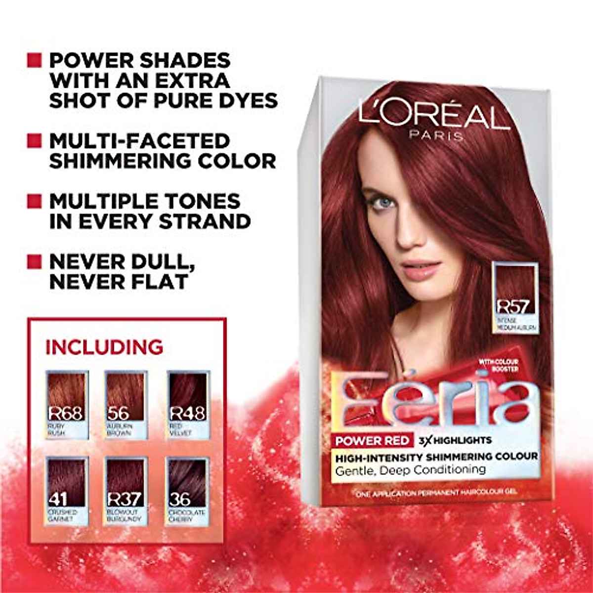 L'Oreal Paris Feria Multi-Faceted Shimmering Permanent Hair Color, R37 Blowout Burgundy (Deep Burgundy), Pack of 1, Hair Dye