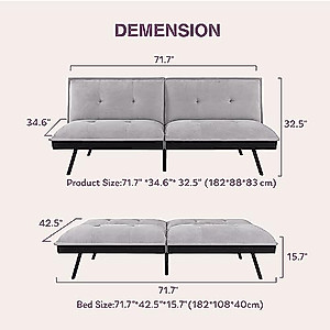 Dyonery Convertible Futon Sofa Bed Memory Foam Futon Couch Sleeper Sofa, Foldable Loveseat for Compact Living Spaces Offices, Metal Legs, Easy Assembly, 71 Inch Futons Little Grey