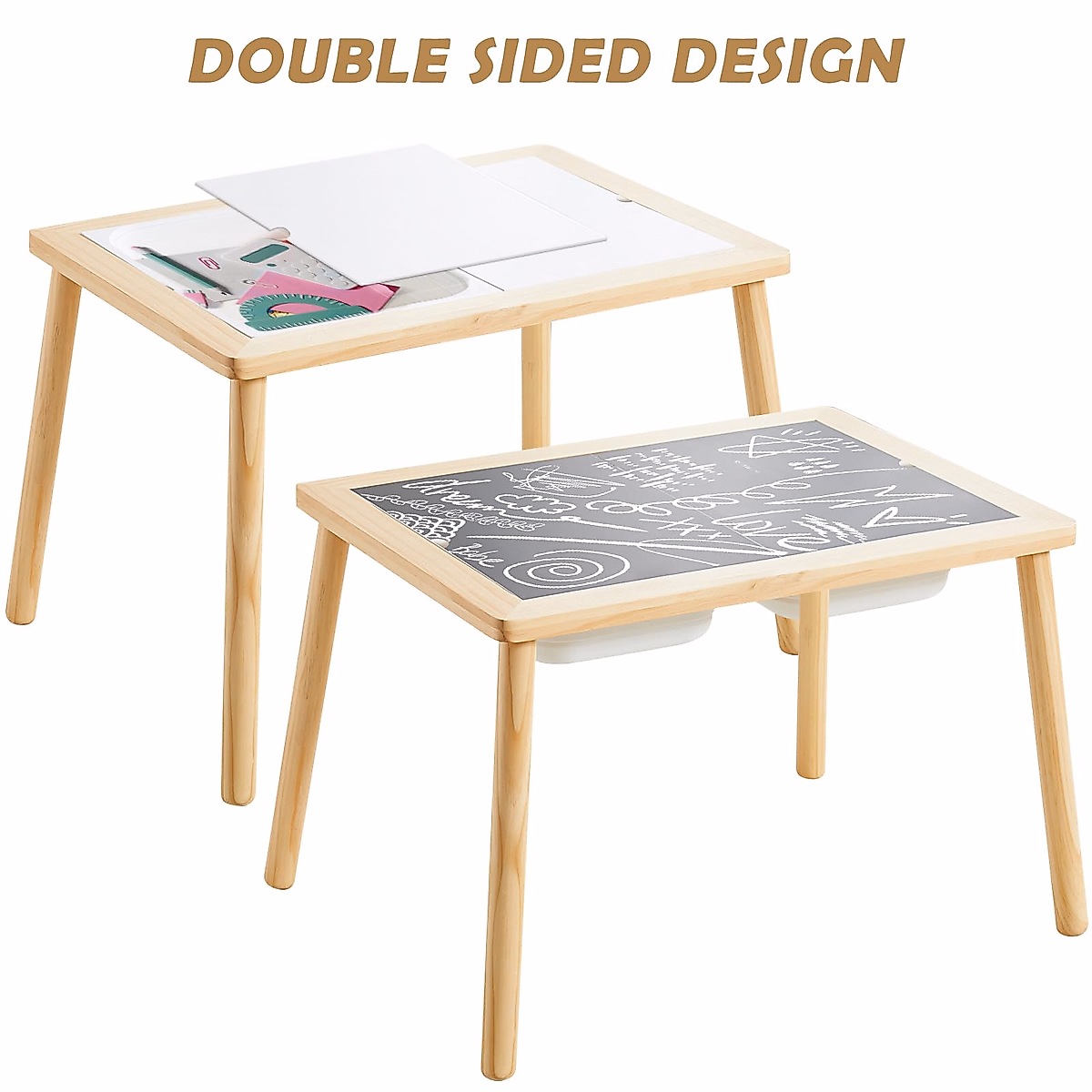 Beright Kids Table and Chair Set, Indoor Sensory Table with 2 Chairs and 3 Storage Bins, Play Sand Water Table for Toddlers, Wooden Activity Table, for Birthday, Christmas