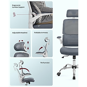 VASAGLE Office Chair, Ergonomic Design, Lumbar Support, High Back Desk Chair, Mesh Computer Chair, Foldable Armrests, Adjustable Headrest, Tilt Function, for Home Office, Dove Gray UOBN040G21