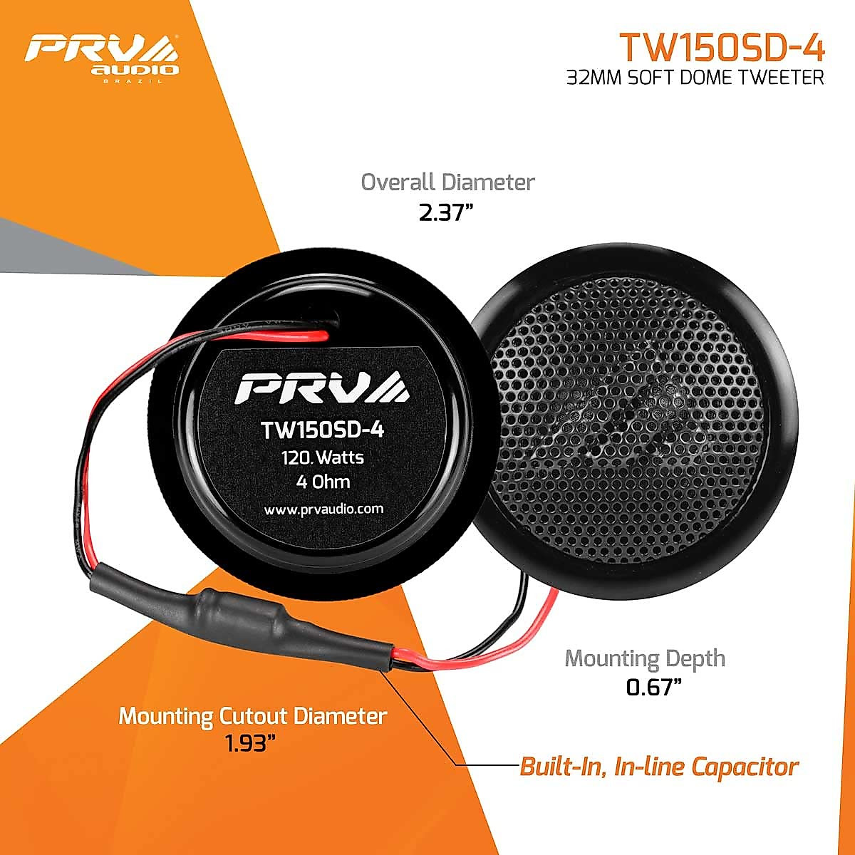 PRV AUDIO Soft Dome Tweeters 240 Watts 4 Ohm TW150SD-4 with Built-in Crossover, 32 mm Silk Dome, Neodymium Magnet for Car Audio and Motorcycle Systems Easy Flush Mount (Pair)