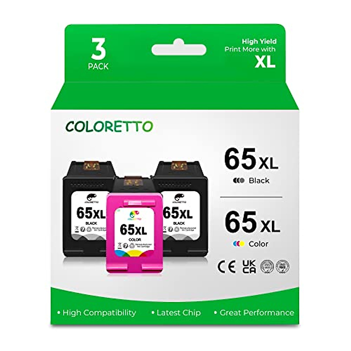 COLORETTO Remanufactured Printer Ink Cartridge Replacement for HP 65XL to use with HP Deskjet 2622 2624 2652 2655 3720 3721 3722 3723 3732 3758,Envy 5052 5058 (2 Black+1 Color) Combo Pack