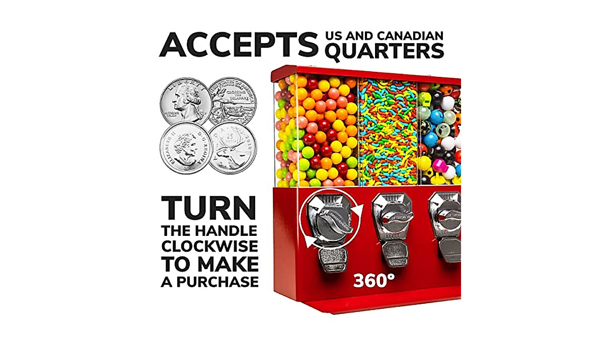 Red Triple Vending Machine for Gumballs & Candies | Commercial Use