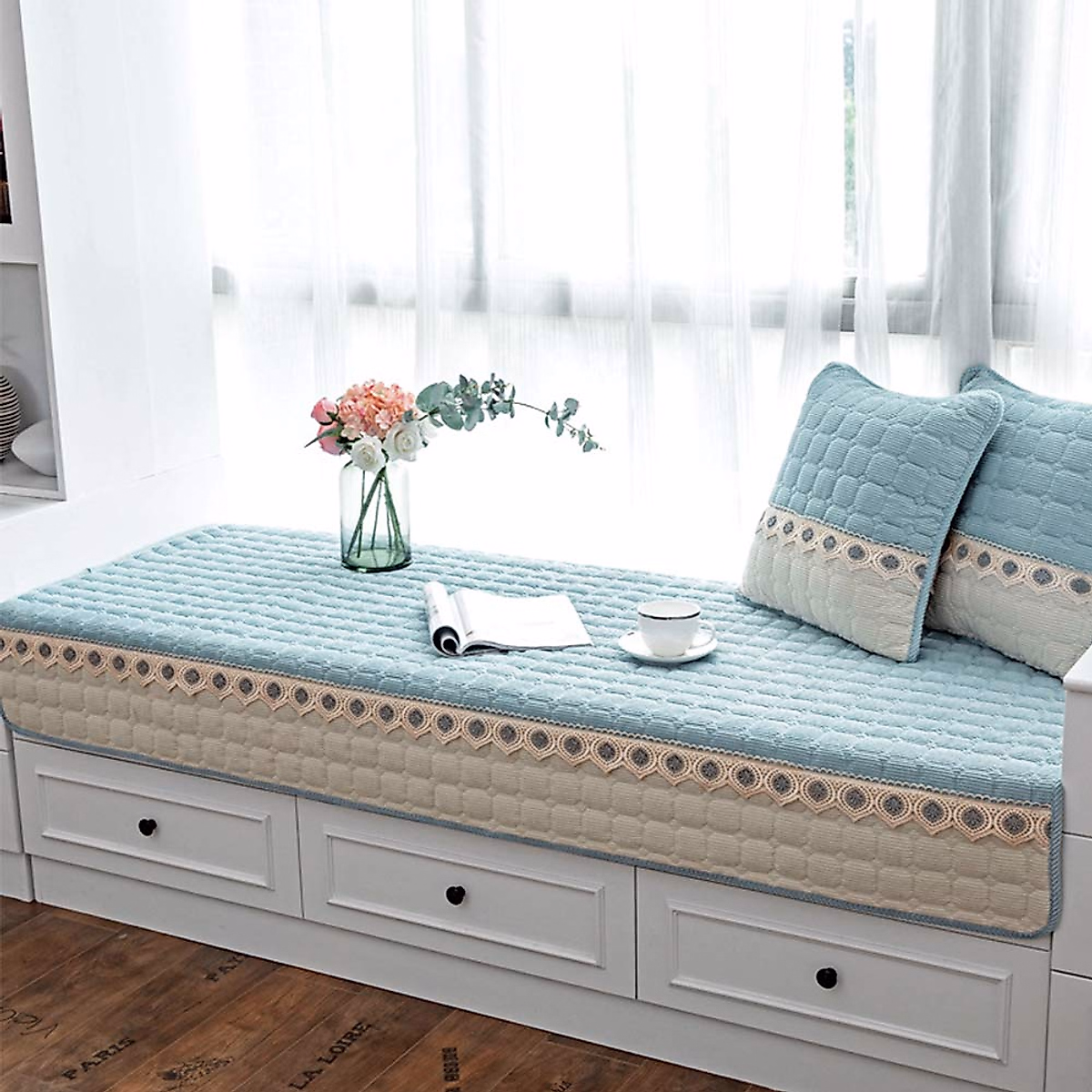 JeogYong Bay Window Cushion Seat Indoor, Farmhouse Window Seat Cushions Indoor for Bedroom, Non Slip Pads/Bay Window Sill Bench Cushions, 27.55 x 59.05 inches, Sky Blue