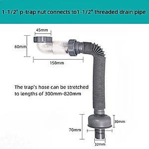 Bathtub Shower Drain Pipe,Low Profile Design 1-1/2" P Trap Kit,Flexible Tub Drain, for Freestanding Tub Drain Kit for Bath,Gray