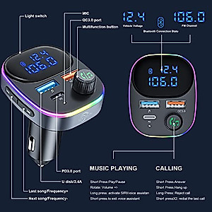 Bluetooth 5.3 FM Transmitter for Car Radio [2023 New], SOARUN Bluetooth Car Adapter [PD 20W+QC 3.0] [Large LCD Screen], Supports Handsfree Call Siri Google Assistant U Disk, 7 Color LED Backlit