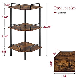 Tajsoon Corner Shelf Stand, 3 Tier Industrial Corner Shelves, Multipurpose Standing Display Shelf, Corner Shelving Unit for Bedroom, Living Room, Office, Kitchen, Rustic Brown