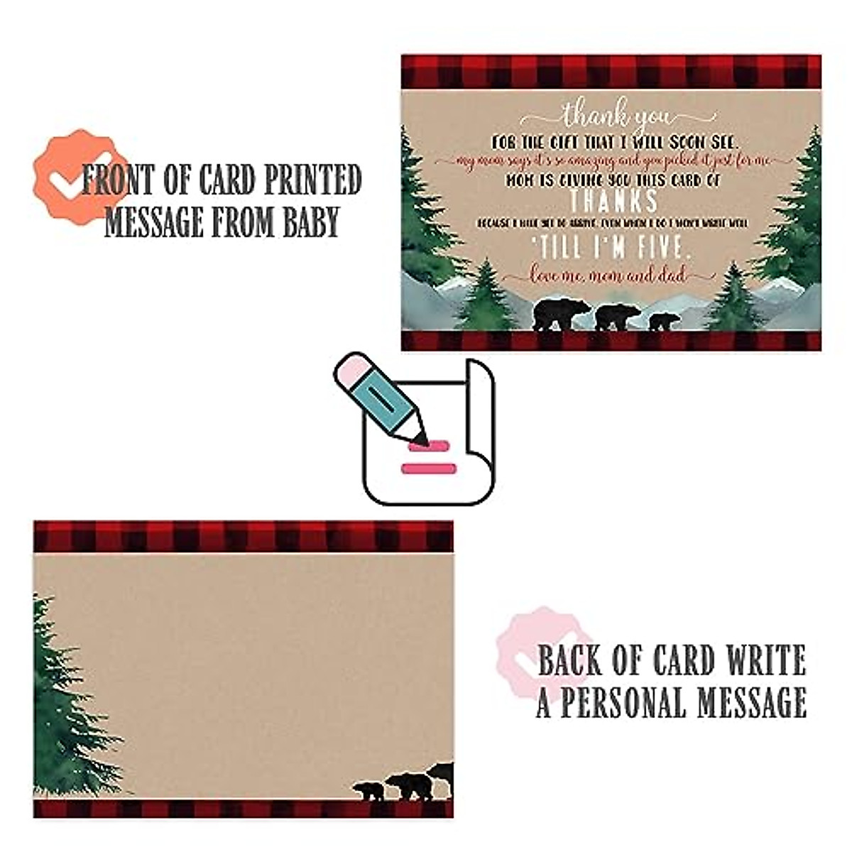 Lumberjack Baby Thank You Cards, 15 Pack – Boys Baby Shower Notes with Envelopes Set, Prefilled Message, Customizable and Personalize Blank Stationery Adventure, New Parents Gift Ideas