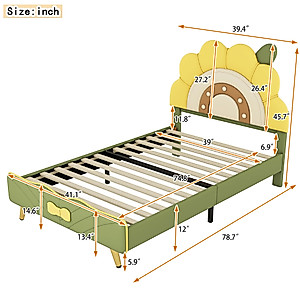 MERITLINE Twin Size Upholstered Platform Bed with Sunflower Shaped Headboard, PU Upholstered Twin Size Bed Frame for Kids Teens, Boys Girls,Green + Yellow