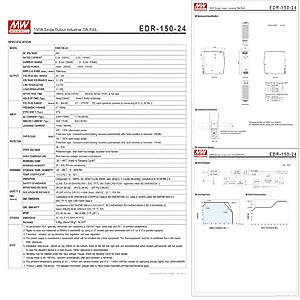 Mean Well EDR-150-24 24V 6.5A 156W/125W Industrial DIN Rail Power Supply - Rugged, Reliable Performance, Wide 90-264VAC Input, Extended -20°C~+60°C Operating Temperature Range