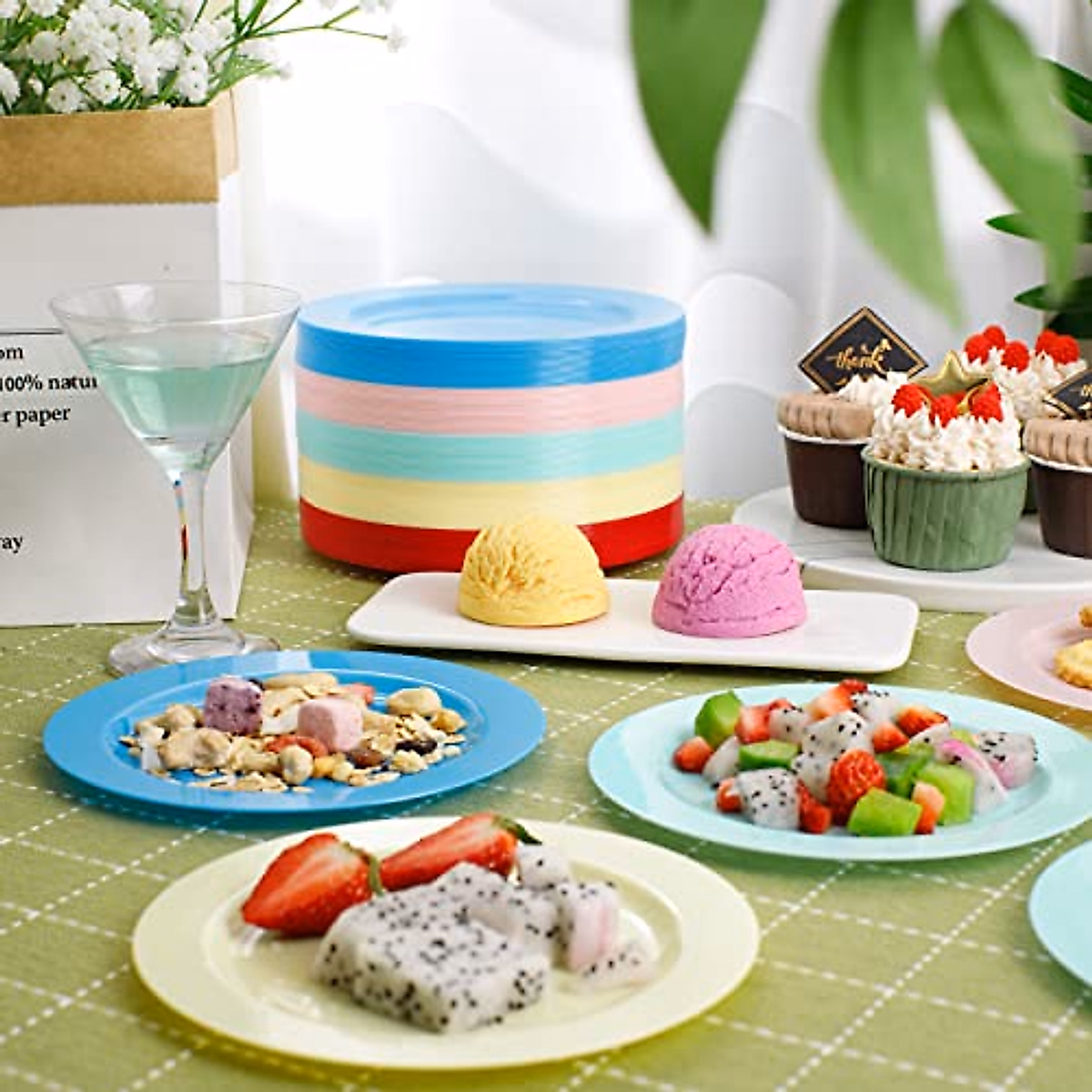 bUCLA 100PCS 6.25inch Plastic Dessert Plates -Cake Plates Appetizer Plates - Disposable Rainbow Plates In 5 Colors for Party, Birthday and Baby Shower