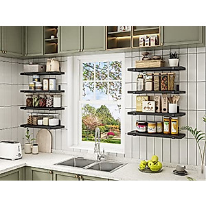 YGEOMER Floating Shelves, Wood Shelves, Long Wall Shelf, Set of 8, Rustic Wall Shelves, Wood Floating Shelf for Bedroom, Living Room, Book and Bathroom (Black)