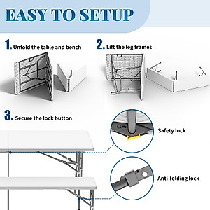 HLPB Folding Table Picnic Table Set, 6 ft Camping Table with 2 Benches, Outdoor Indoor Portable Folding Table for Working Meeting Parties, Camping, Picnic, Weddings w/Handle and Safety Locks, White