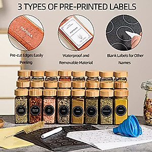 24 Pcs Spice Jars with Labels - 4 oz Glass Spice Jars with Bamboo Lids, Minimalist Farmhouse Spice Labels Stickers, Collapsible Funnel, Seasoning Storage Bottles for Spice Rack, Cabinet, Drawer