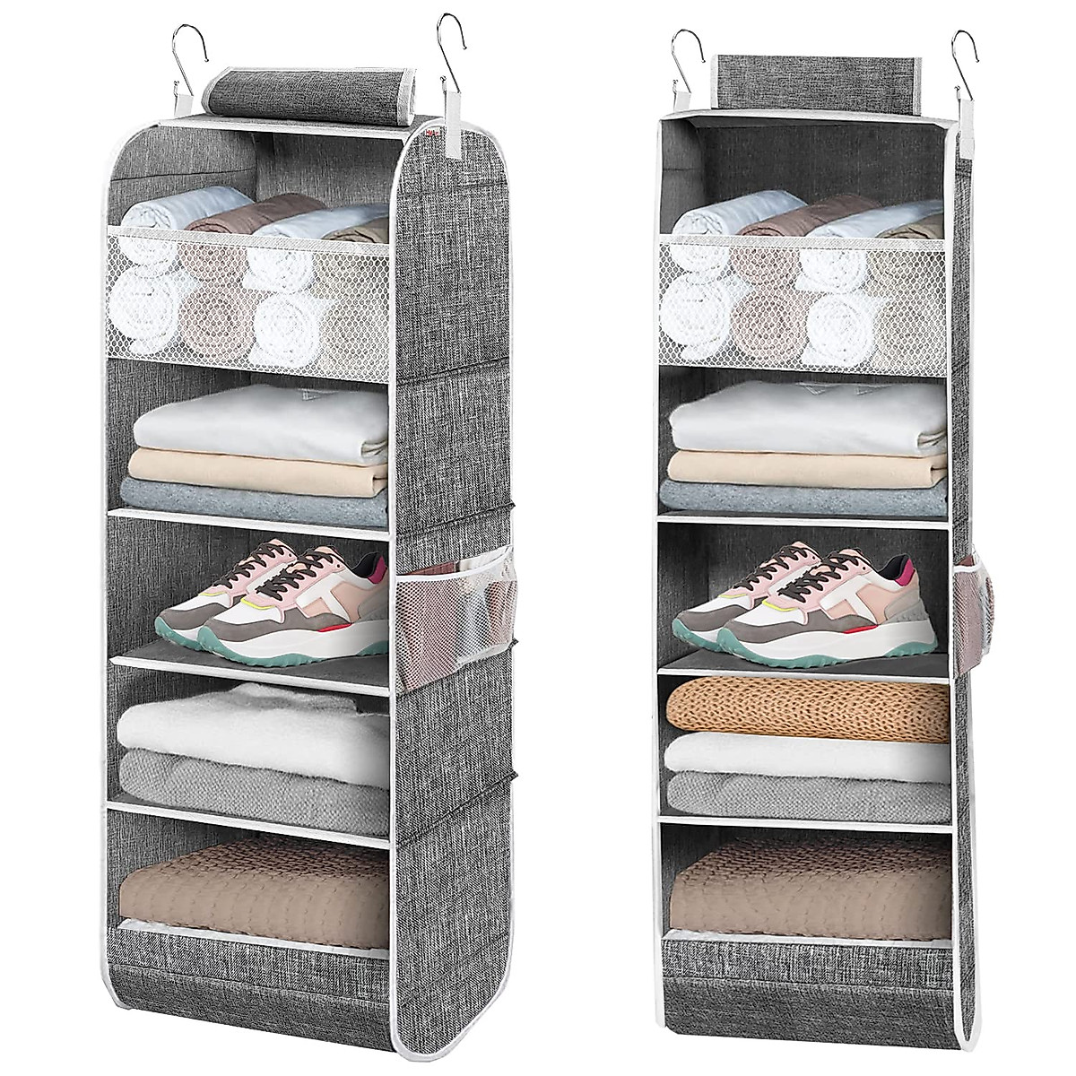 HMA Pro Hanging Closet Organizer and Storage (Heavy Duty) 5 Shelves Collapsible Hanging Closet Shelves Hanging Organizer for Closet, Camper and RV, Strong MDF Material on All Shelves.