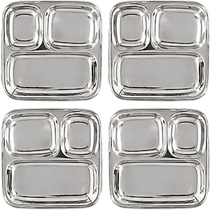 Darware Stainless Steel Divided Plates/Compartment Trays (4-Pack); 9.8 x 8.1 Inches Oblong 3-Section Mini Trays, Great Size for Kids, Portion Control, Camping
