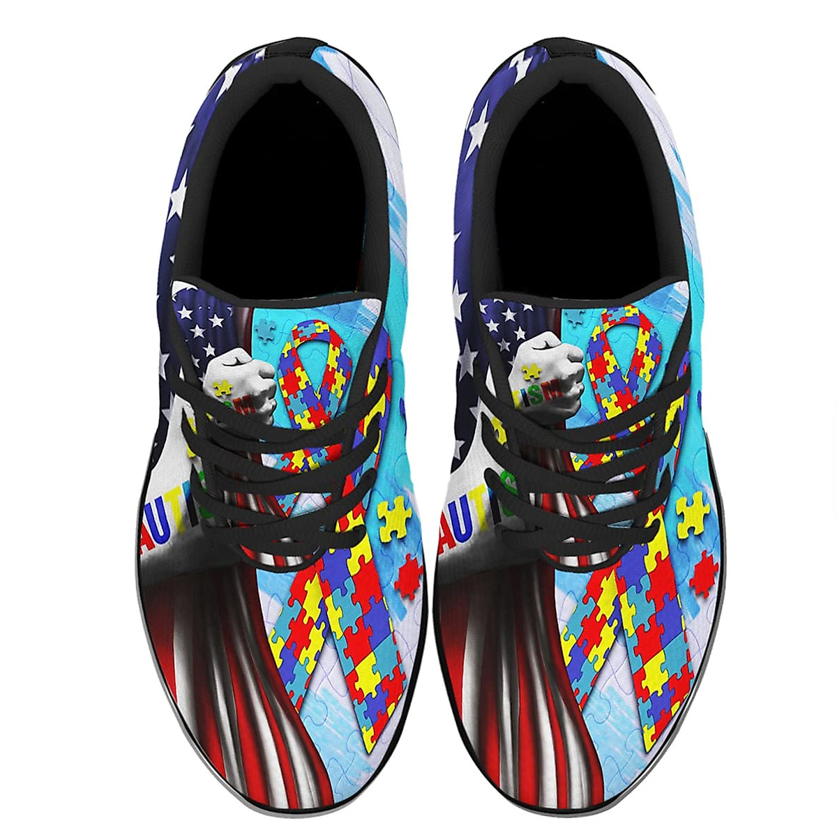 Autism Awareness American Flag Shoes for Men Women Running Sneakers Breathable Casual Sport Tennis Shoes Gift for Him Her Black Size 11.5