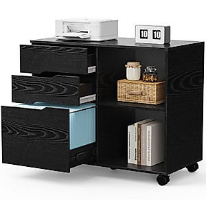 OLIXIS 3 Drawer Wood File Cabinet Small Mobile Lateral Printer Stand Storage with Open Shelf Shelves for Home Office