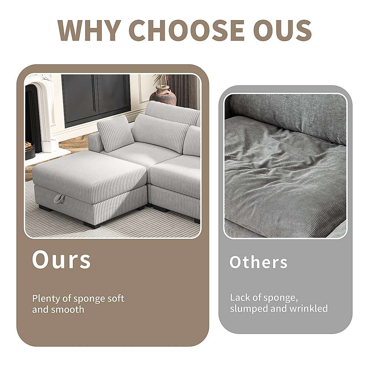 Ravas 100 inch Modular Sectional Sofa,5 Seater Oversized Convertible L | U Shaped Couch, Corduroy Fabric with 2X Storage Bench and 8 Cushion Pillows, Reversable Sofa Couch for Living Room,Lounge