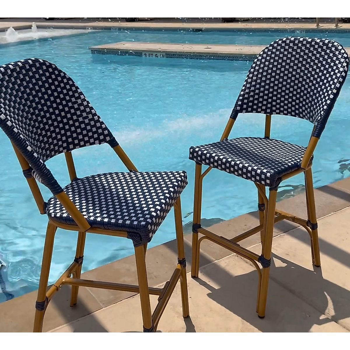 PURPLE LEAF French Country Outdoor Counter Height Bar Stools Set of 2 Patio Wicker 26 Inch High Bar Stool Chairs Metal Rattan Barstools with Ergonomic Backs for Garden Indoor Kitchen Island, Navy Blue