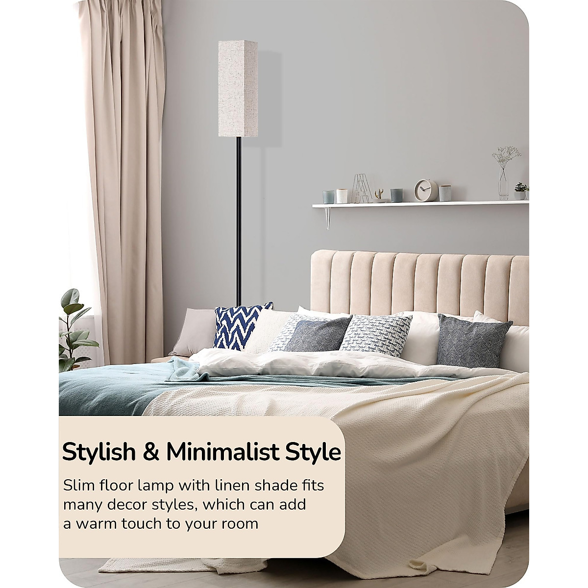 EDISHINE Modern Corner Floor Lamp, 65" Minimalist Pole Lamp with Remote, Dimmable Tall Reading Light for Living Room, Bedroom, Office, 9W LED Bulb Included (Black)