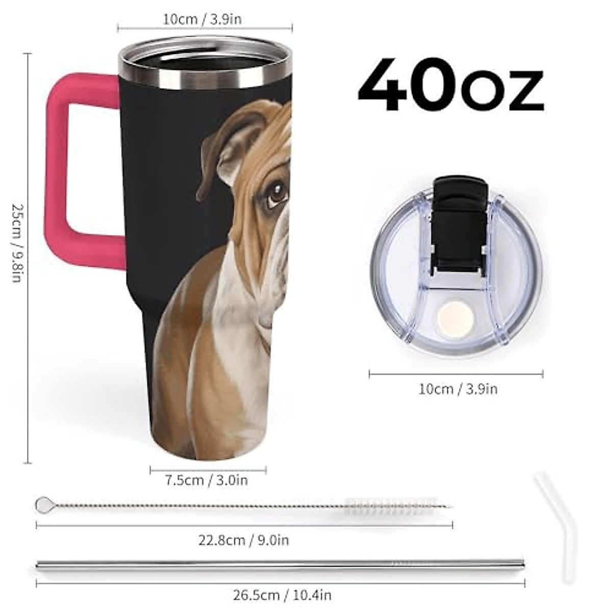 LLUTSNTH 40 Oz Vacuum Tumbler with Light Rose Red Handle Leakproof Insulated Tumbler English-Bulldog Stainless Steel Travel Mug with Lid And Straw Coffee Cup Cute Water Bottles Cup Holder Friendly
