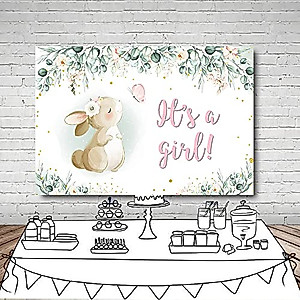 MEHOFOND 7x5ft Bunny Girl Baby Shower Party Decor Backdrop It's A Girl Banner Spring Easter Pink Floral Butterfly Rabbit Eucalyptus Leaves Photography Background Photobooth Props