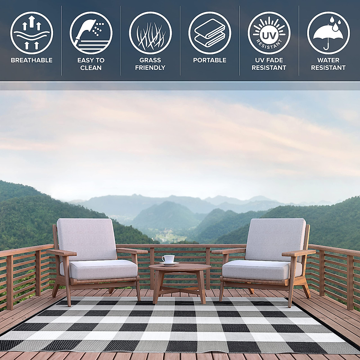 Lena Rug Buffalo Plaid Outdoor Rug Waterproof for Patio RV Camping Picnic Balcony Plastic Straw Rug Grey White 5x7