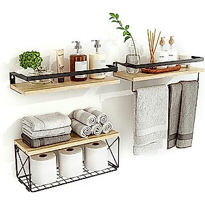 Hoiicco Bathroom Shelves with Wire Storage Basket, Floating Shelves Over Toilet with Protective Metal Guardrail, Wall Shelves for Bedroom, Living Room, Kitchen and Bathroom Toilet Paper
