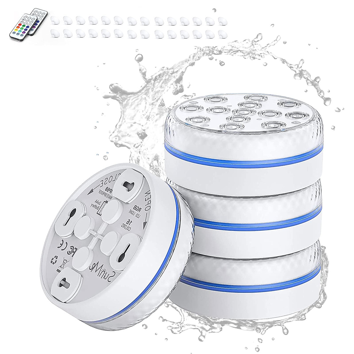 Submersible LED Lights with Magnet, IP68 Waterproof Underwater Pool Led Lights with 13 LEDs, 4 Suction Cups and 164FT/50M RF Remote, Battery Operated with 16 Color Changing Shower Lights (4-Pack)