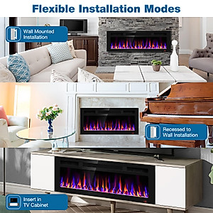 60 Inch Electric Fireplace Recessed and Wall Mounted, Fireplace Heater and Linear Fireplace, Ultra-Thin Electric Fireplace, Low Noise, with Timer, Remote Control, Adjustable 12 Flame Color, 750/1500W