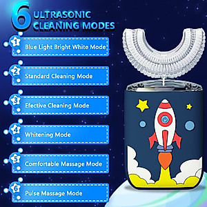 Electric Toothbrush for Kids U Shaped Ultrasonic Automatic Brush Rocket Children Sonic Toothbrushes with Smart Timer 6 Modes Replace Brush Head IPX7 Waterproof 360° Oral Cleaning (Age 2-6)