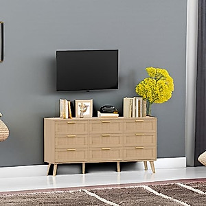 Rovaurx 9 Drawer Double Dresser for Bedroom, Rattan Chest of Dressers, Modern Wooden Dresser Chest with Golden Handles, Beside Table for Closet, Living Room and Entryway, Natural