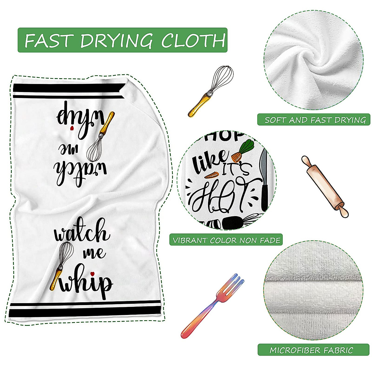 Lebsitey Funny Kitchen Towels and Dishcloths Sets of 4 Kitchen Towels with Sayings Egg Beater Rolling Pin Absorbent Drying Tea Dish Towel for Cooking Baking Home Decorations,18 x 28 Inch