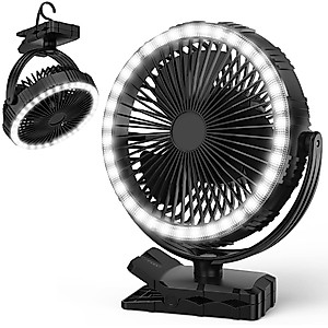 Battery Operated Fan, 10000mAh Camping Fan Battery Powered, 8'' Rechargeable Portable Desk Fan for Bedroom Office, Cordless Clip on Fan with Hook, Light for Golf Cart Outdoor Camping Tent RV Car Bed