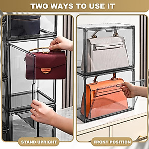 ULENDIS 4 Pack Handbag Storage Organizer for Closet, Transparent Gray Acrylic Display Case for Handbag Purse, Stackable Storage Organizer with Magnetic Door for Wallet Book Cosmetic Toys Display