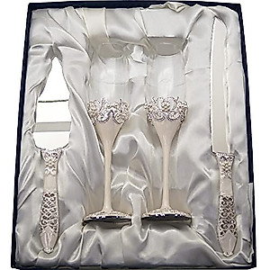 Lassos Boutique 4-Piece Set Wedding Toasting Champagne Toasting Flutes and Cake Knife Pie Server Set, Silver