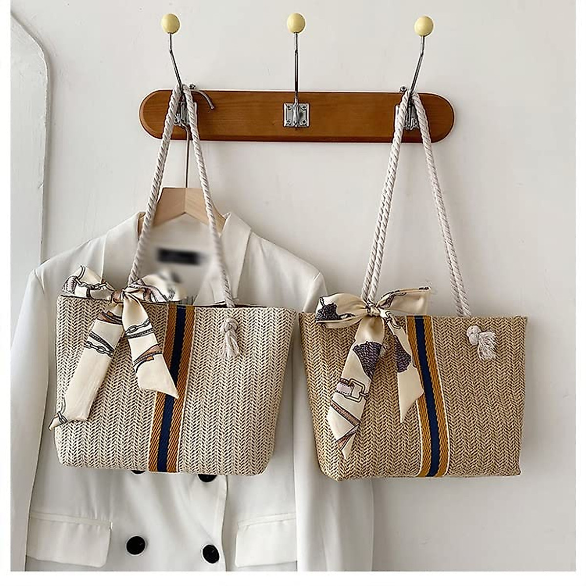 LIUZH Large Bag Woven Women's Tote Shoulder Bag Striped Buckle Handbags Women Summer (Color : Black, Size : 1)